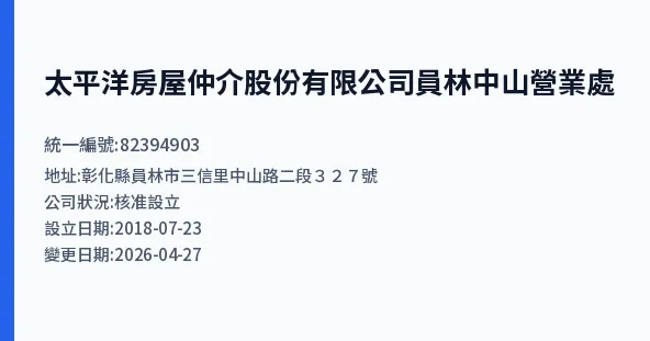 太平洋房屋仲介股份有限公司員林中山營業處的照片-統編 82394903(彰化縣) 公司登記資料與營業項目詳細圖表