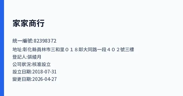 家家商行的照片-統編 82398372(彰化縣) 公司登記資料與營業項目詳細圖表