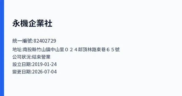 永機企業社的照片-統編 82402729(南投縣) 公司登記資料與營業項目詳細圖表