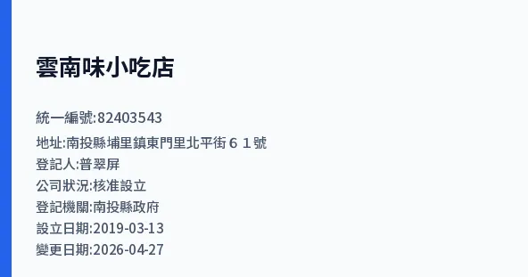 雲南味小吃店的照片-統編 82403543(南投縣) 公司登記資料與營業項目詳細圖表
