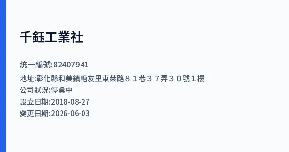 千鈺工業社的照片-統編 82407941(彰化縣) 公司登記資料與營業項目詳細圖表