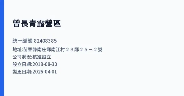 曾長青露營區的照片-統編 82408385(苗栗縣) 公司登記資料與營業項目詳細圖表