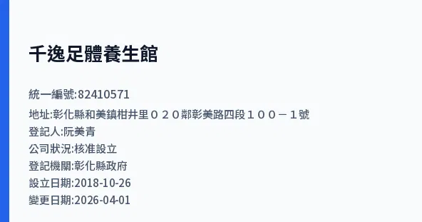 千逸足體養生館的照片-統編 82410571(彰化縣) 公司登記資料與營業項目詳細圖表
