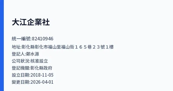 大江企業社的照片-統編 82410946(彰化縣) 公司登記資料與營業項目詳細圖表