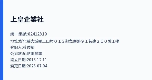 上皇企業社的照片-統編 82412819(彰化縣) 公司登記資料與營業項目詳細圖表