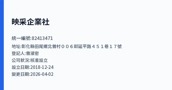 映采企業社的照片-統編 82413471(彰化縣) 公司登記資料與營業項目詳細圖表
