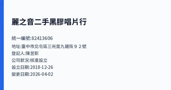 麗之音二手黑膠唱片行的照片-統編 82413606(臺中市) 公司登記資料與營業項目詳細圖表