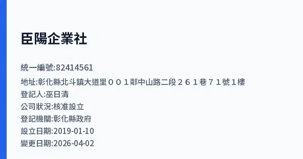 臣陽企業社的照片-統編 82414561(彰化縣) 公司登記資料與營業項目詳細圖表
