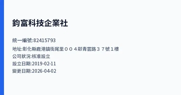 鈞富科技企業社的照片-統編 82415793(彰化縣) 公司登記資料與營業項目詳細圖表