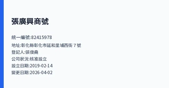 張廣興商號的照片-統編 82415978(彰化縣) 公司登記資料與營業項目詳細圖表