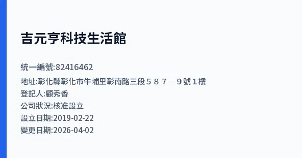吉元亨科技生活館的照片-統編 82416462(彰化縣) 公司登記資料與營業項目詳細圖表