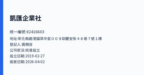 凱匯企業社的照片-統編 82416603(彰化縣) 公司登記資料與營業項目詳細圖表