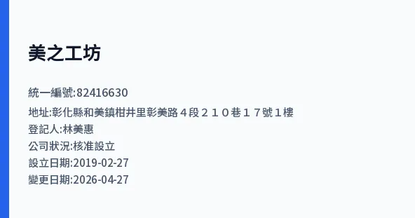 美之工坊的照片-統編 82416630(彰化縣) 公司登記資料與營業項目詳細圖表