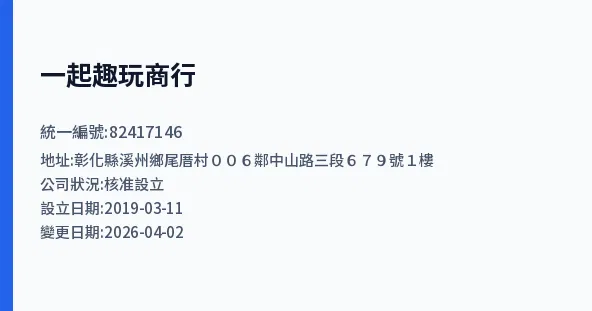 一起趣玩商行的照片-統編 82417146(彰化縣) 公司登記資料與營業項目詳細圖表