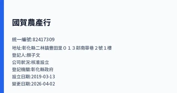 國賀農產行的照片-統編 82417309(彰化縣) 公司登記資料與營業項目詳細圖表