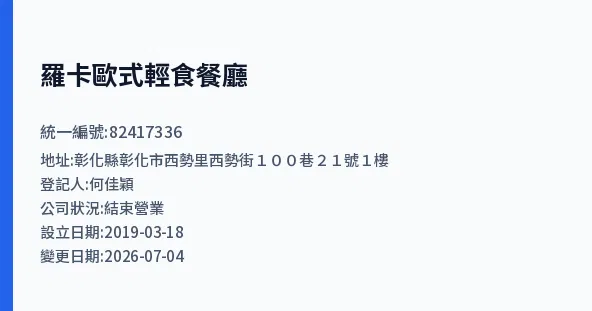 羅卡歐式輕食餐廳的照片-統編 82417336(彰化縣) 公司登記資料與營業項目詳細圖表