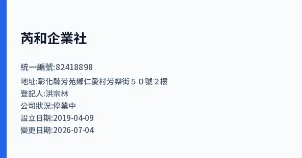 芮和企業社的照片-統編 82418898(彰化縣) 公司登記資料與營業項目詳細圖表