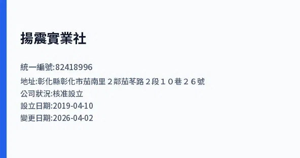 揚震實業社的照片-統編 82418996(彰化縣) 公司登記資料與營業項目詳細圖表