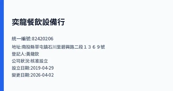 奕龍餐飲設備行的照片-統編 82420206(南投縣) 公司登記資料與營業項目詳細圖表
