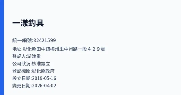 一漾釣具的照片-統編 82421599(彰化縣) 公司登記資料與營業項目詳細圖表