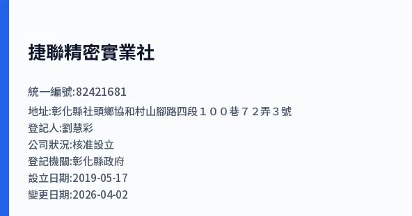 捷聯精密實業社的照片-統編 82421681(彰化縣) 公司登記資料與營業項目詳細圖表