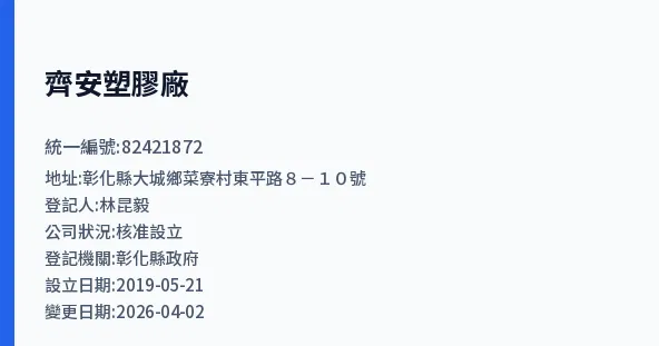 齊安塑膠廠的照片-統編 82421872(彰化縣) 公司登記資料與營業項目詳細圖表