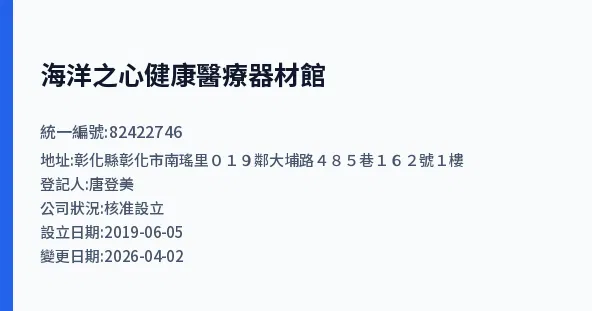 海洋之心健康醫療器材館的照片-統編 82422746(彰化縣) 公司登記資料與營業項目詳細圖表