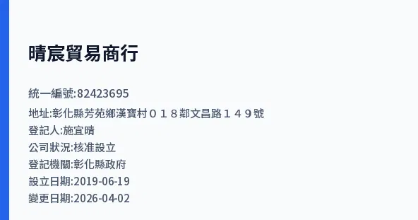 晴宸貿易商行的照片-統編 82423695(彰化縣) 公司登記資料與營業項目詳細圖表