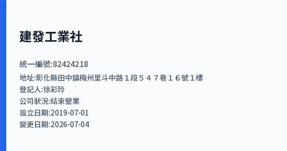 建發工業社的照片-統編 82424218(彰化縣) 公司登記資料與營業項目詳細圖表