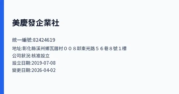 美慶發企業社的照片-統編 82424619(彰化縣) 公司登記資料與營業項目詳細圖表