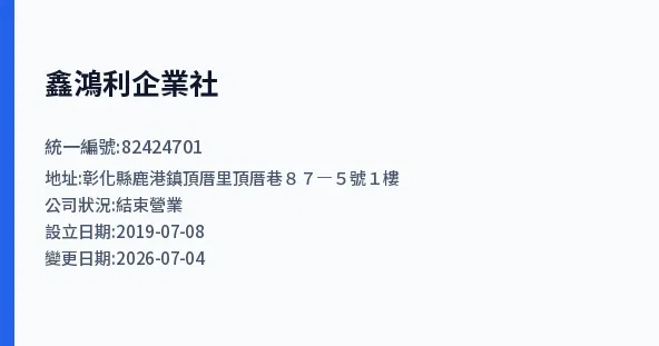 鑫鴻利企業社的照片-統編 82424701(彰化縣) 公司登記資料與營業項目詳細圖表