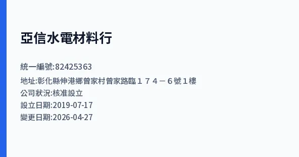 亞信水電材料行的照片-統編 82425363(彰化縣) 公司登記資料與營業項目詳細圖表