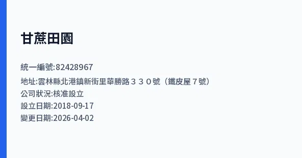甘蔗田園的照片-統編 82428967(雲林縣) 公司登記資料與營業項目詳細圖表