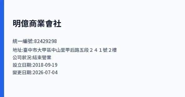 明億商業會社的照片-統編 82429298(臺中市) 公司登記資料與營業項目詳細圖表