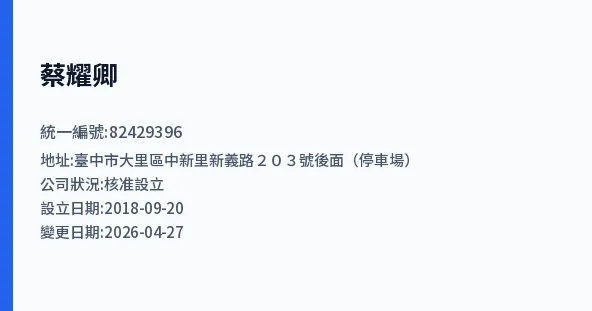 蔡耀卿的照片-統編 82429396(臺中市) 公司登記資料與營業項目詳細圖表