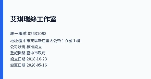 艾琪瑞絲工作室的照片-統編 82431098(臺中市) 公司登記資料與營業項目詳細圖表