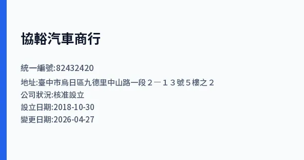 協輍汽車商行的照片-統編 82432420(臺中市) 公司登記資料與營業項目詳細圖表