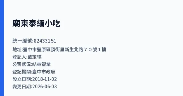 廟東泰緬小吃的照片-統編 82433151(臺中市) 公司登記資料與營業項目詳細圖表