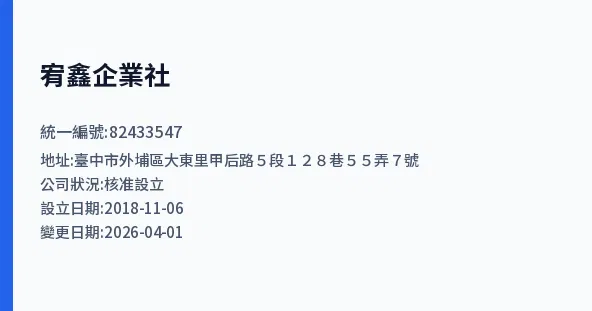 宥鑫企業社的照片-統編 82433547(臺中市) 公司登記資料與營業項目詳細圖表