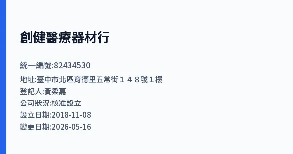 創健醫療器材行的照片-統編 82434530(臺中市) 公司登記資料與營業項目詳細圖表