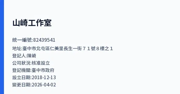 山崎工作室的照片-統編 82439541(臺中市) 公司登記資料與營業項目詳細圖表