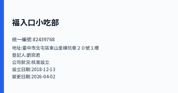 福入口小吃部的照片-統編 82439768(臺中市) 公司登記資料與營業項目詳細圖表