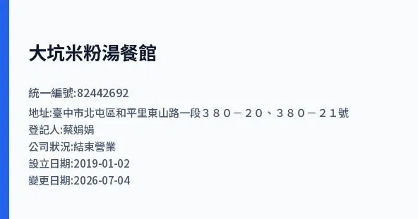 大坑米粉湯餐館的照片-統編 82442692(臺中市) 公司登記資料與營業項目詳細圖表