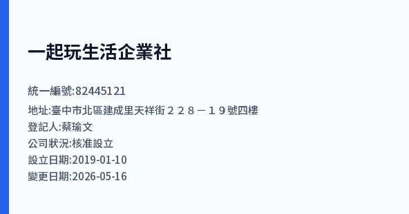 一起玩生活企業社的照片-統編 82445121(臺中市) 公司登記資料與營業項目詳細圖表