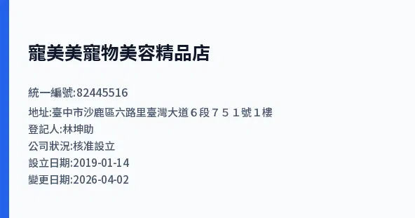 寵美美寵物美容精品店的照片-統編 82445516(臺中市) 公司登記資料與營業項目詳細圖表