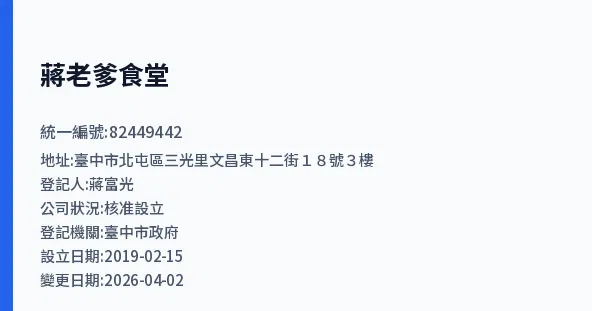蔣老爹食堂的照片-統編 82449442(臺中市) 公司登記資料與營業項目詳細圖表