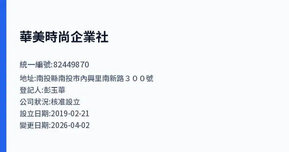 華美時尚企業社的照片-統編 82449870(南投縣) 公司登記資料與營業項目詳細圖表