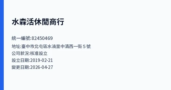 水森活休閒商行的照片-統編 82450469(臺中市) 公司登記資料與營業項目詳細圖表