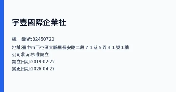 宇豐國際企業社的照片-統編 82450720(臺中市) 公司登記資料與營業項目詳細圖表