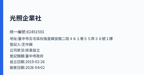 光照企業社的照片-統編 82451501(臺中市) 公司登記資料與營業項目詳細圖表